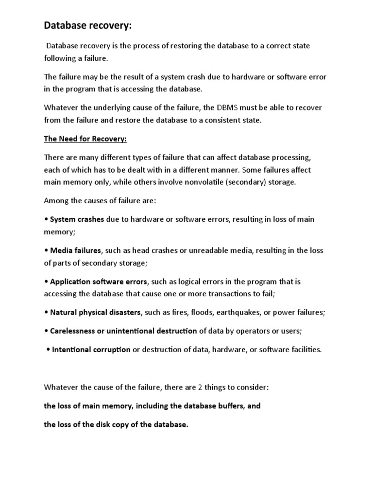 Database Recovery:: The Need For Recovery | PDF | Database Transaction | Databases