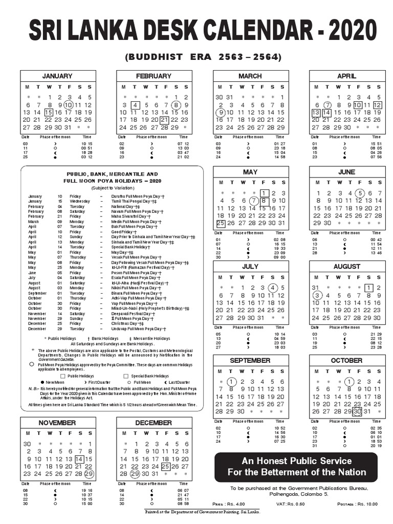 Sri Lanka Desk Calender - 2020 | PDF | Festival | Religious Holidays