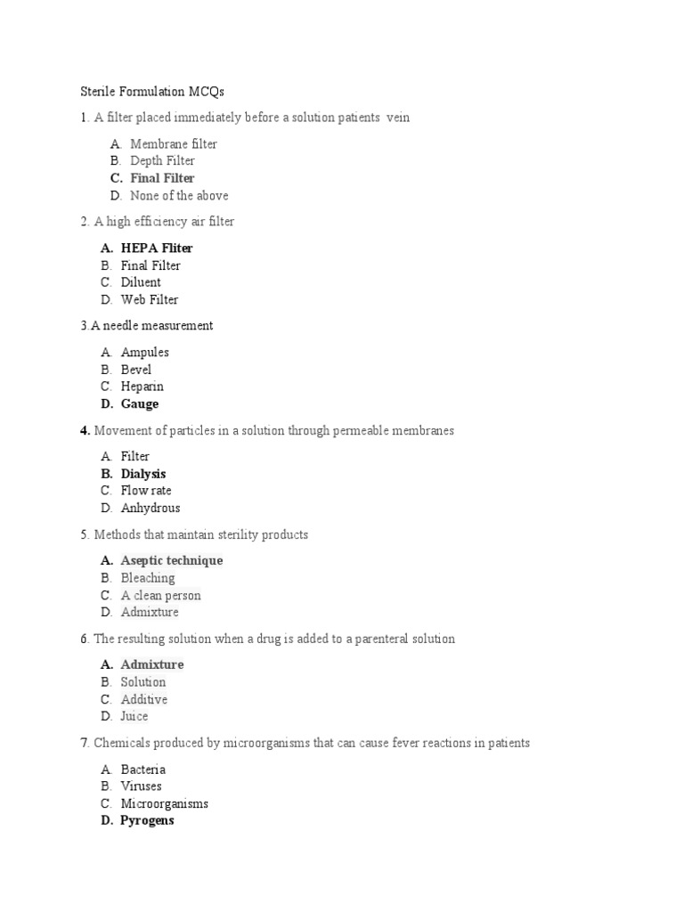 Sterile Formulation MCQs | PDF | Filtration | Sterilization (Microbiology)