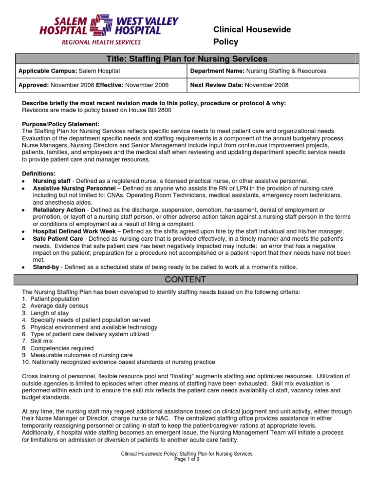 Nursing Staffing Plan Overview | PDF | Nursing | Human Resources