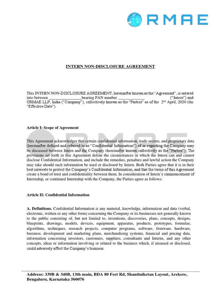 Intern Non-Disclosure Agreement: Article I: Scope of Agreement | PDF ...