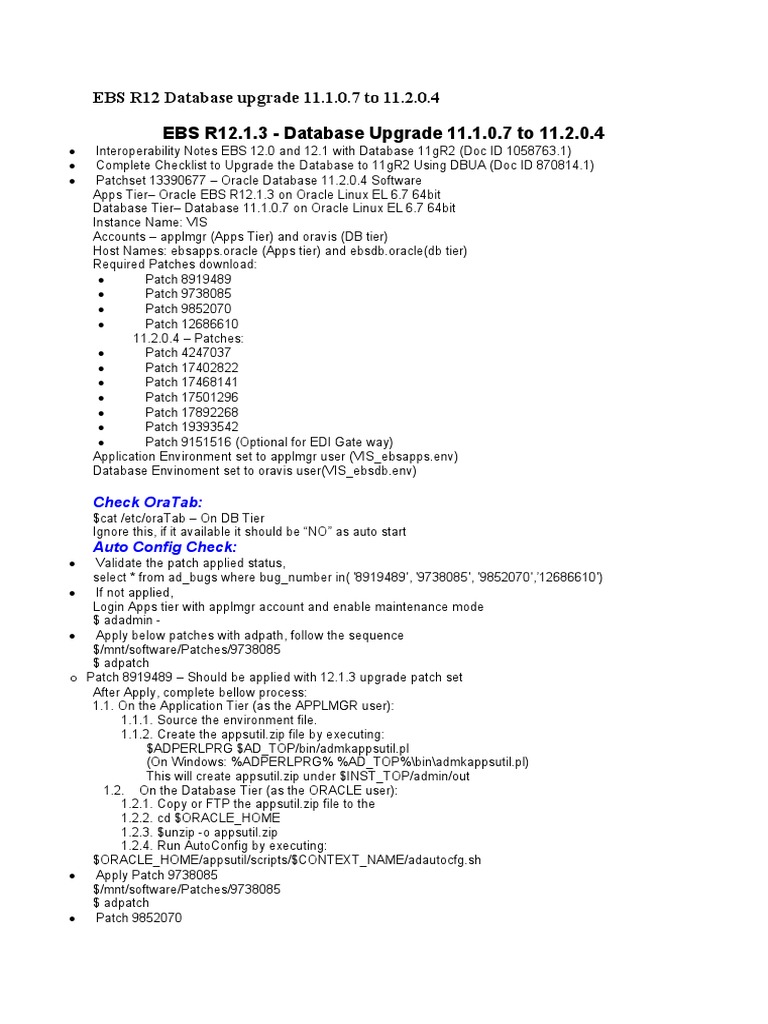EBS R12 Database Upgrade From 11.1.0.7 To 11.2.0.4 | PDF | Relational Database | Databases
