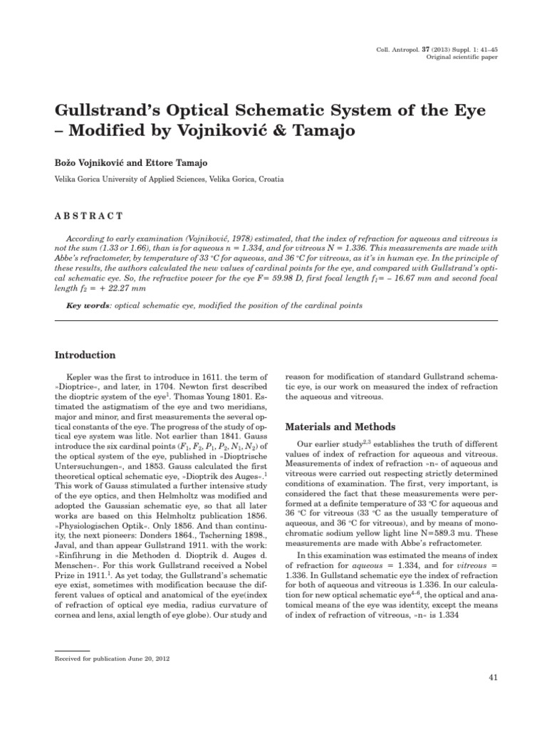 Gullstrand's Optical Schematic System of The Eye - Modified by ...