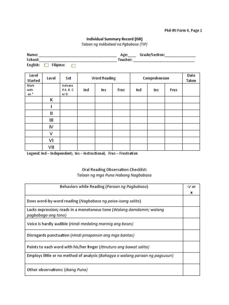 Phil-IRI Answer Sheets | Download Free PDF | Semiotics | Reading (Process)