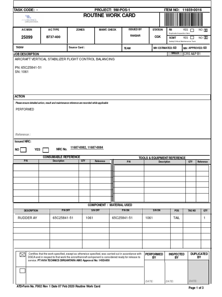 Routine Work Card: ITEM NO: 11659-0016 Project: 9M-Pos-1 Task Code ...