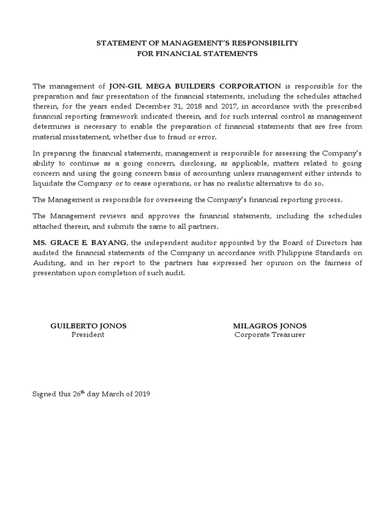 2018 Statement of Management Responsibility - Jon-Gil Mega Builders ...