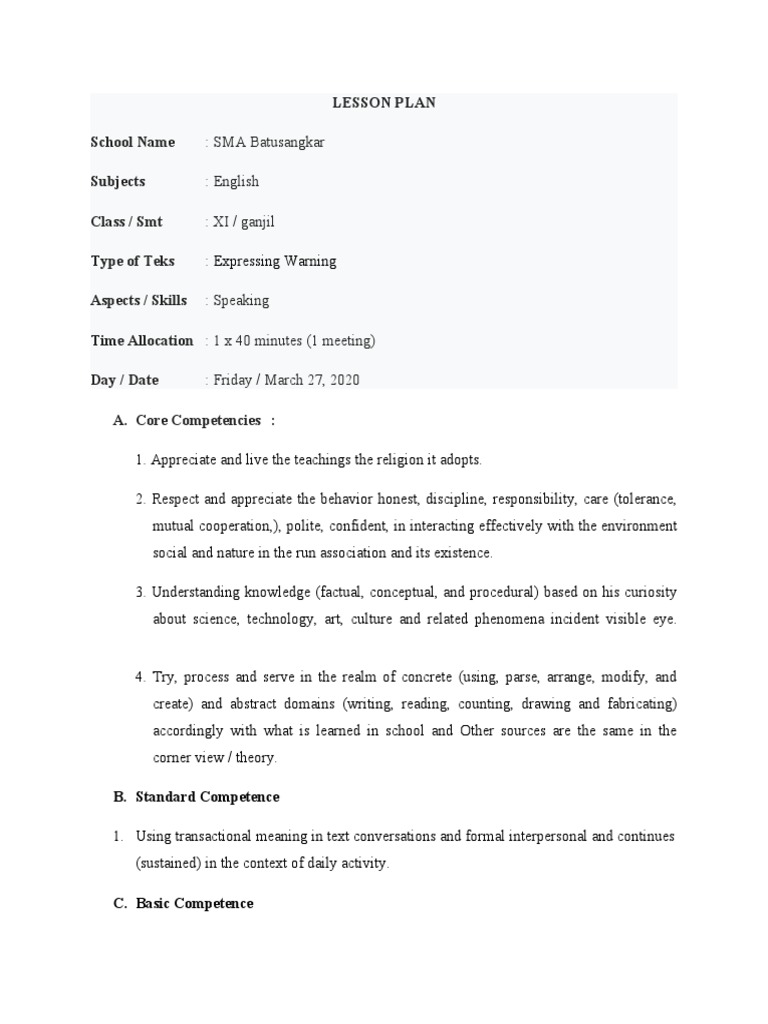 Lesson Plan 5 KLS 11 Expressing Warning (Speaking) | PDF | Dialogue | Idea