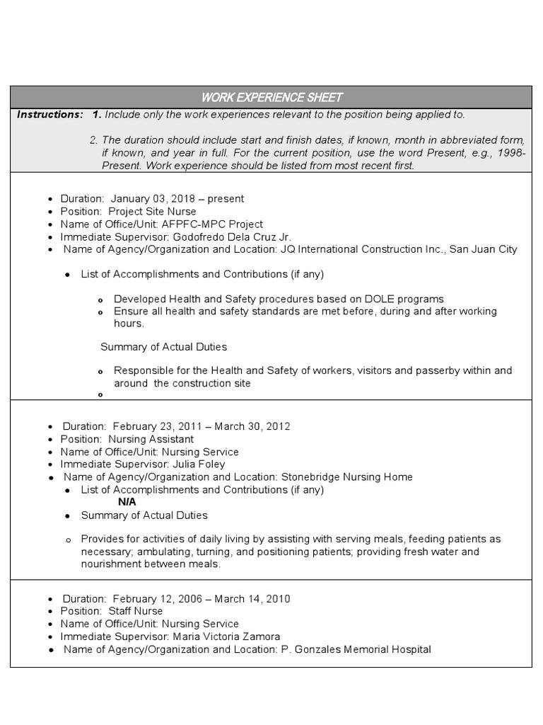 A Record of Health Care Experience: A Concise Work History for a ...