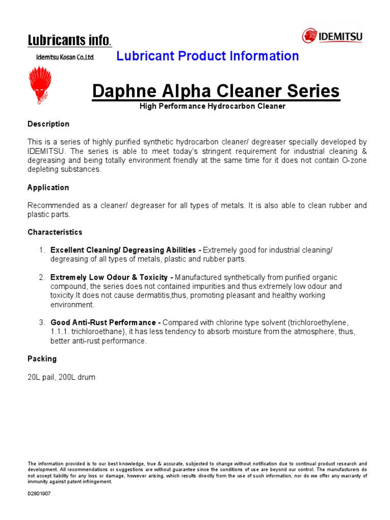 Daphne Alpha Cleaner Series High Performance Hydrocarbon Cleaner | PDF ...
