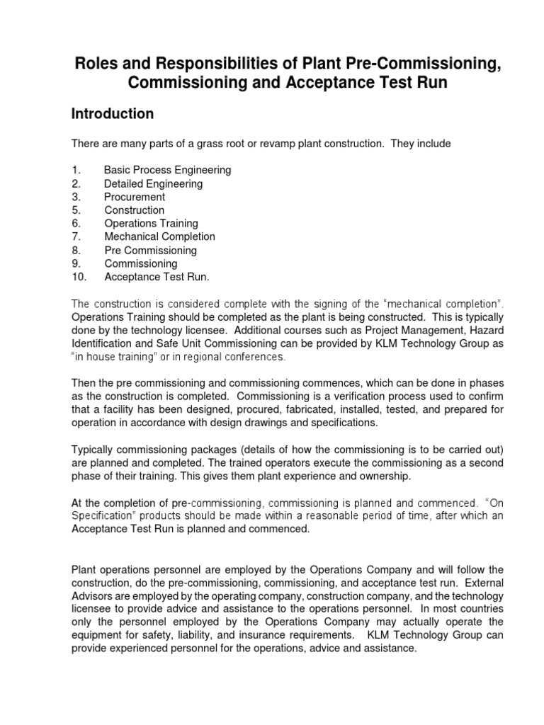 Roles and Responsibilities of Plant Pre-Commissioning, Commissioning ...