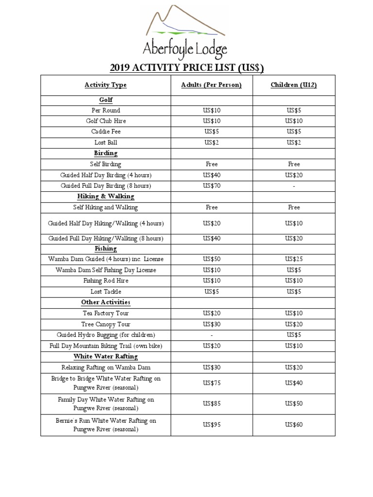 2019 Activity Price List & Fees | PDF