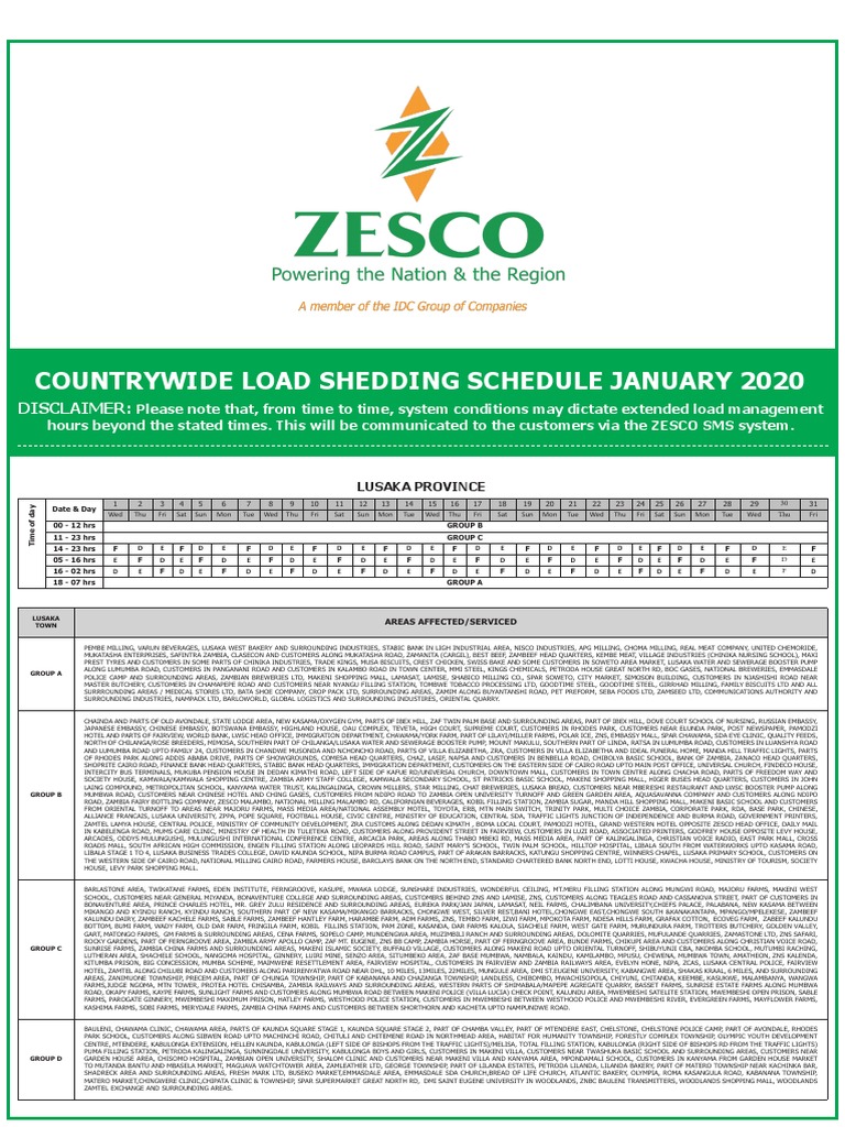 Countrywide Load Shedding Schedule January 2020: Disclaimer | PDF ...
