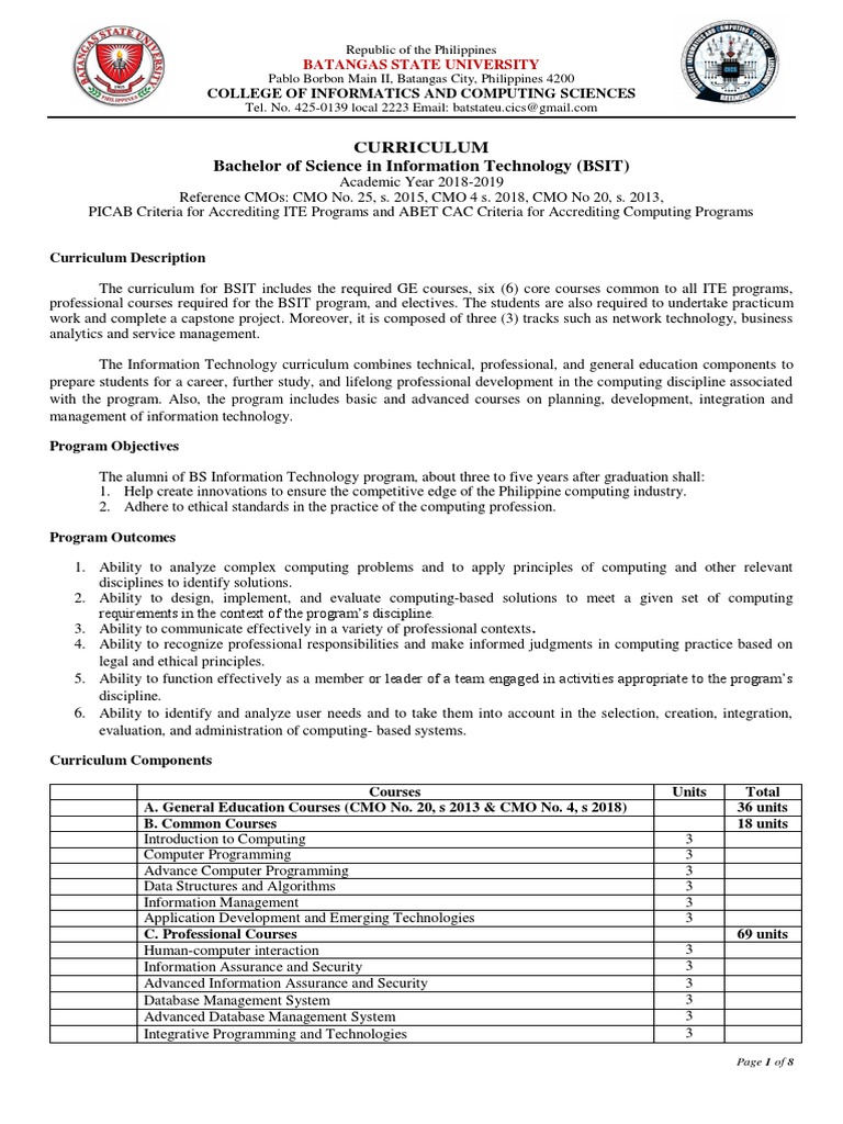 Bsit Curriculum S.Y. 2018 2019 | PDF | Analytics | Internet Of Things