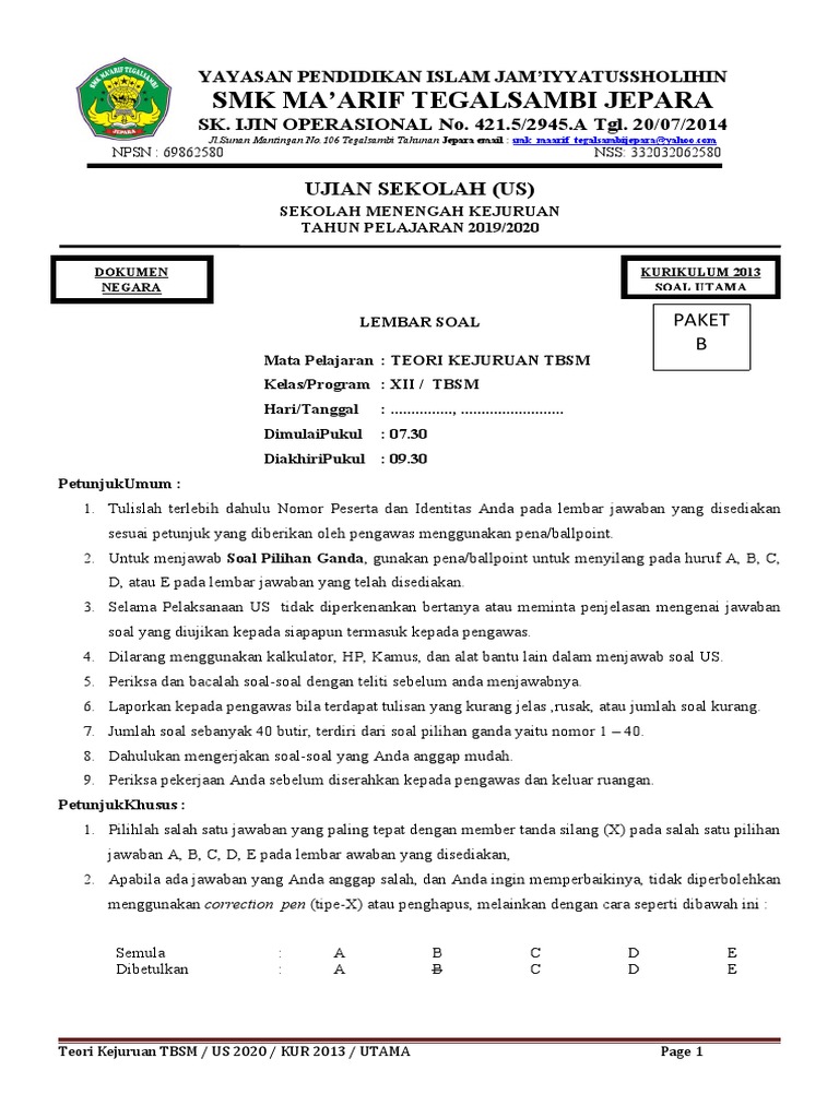 Soal Us Teori Kejuruan TBSM Paket B | PDF