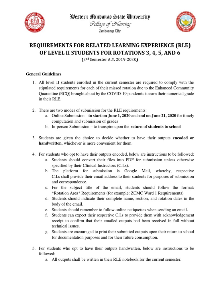 College of Nursing: Requirements For Related Learning Experience (Rle ...