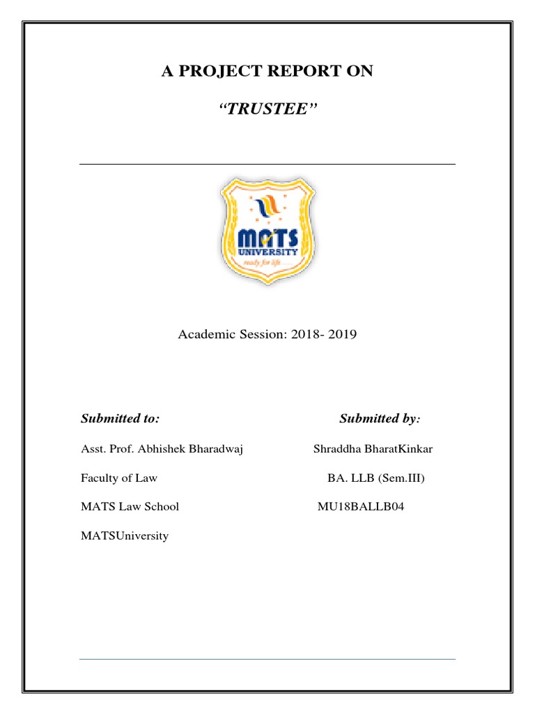 A Project Report On: "Trustee" | PDF | Trust Law | Trustee