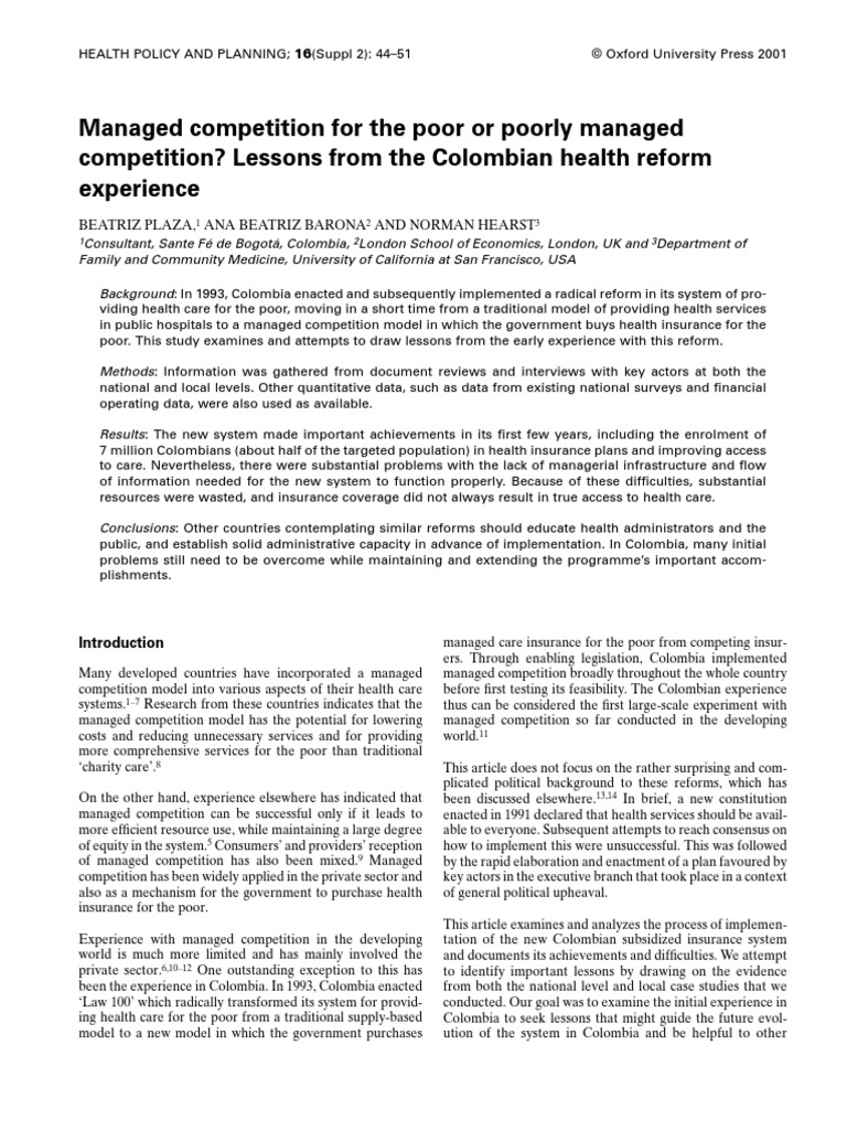 Managed Competition For The Poor or Poorly Managed Competition? Lessons ...