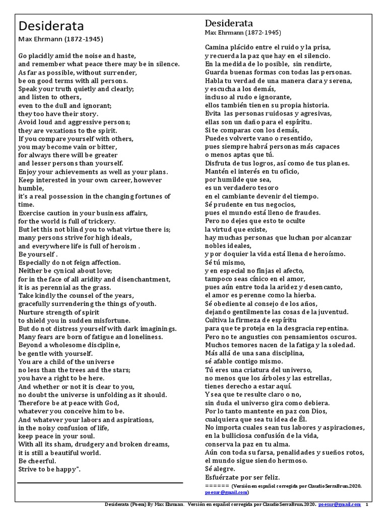 Desiderata (Poem) by Max Ehrmann (1872-1945) Desiderata (Poem) by Max ...