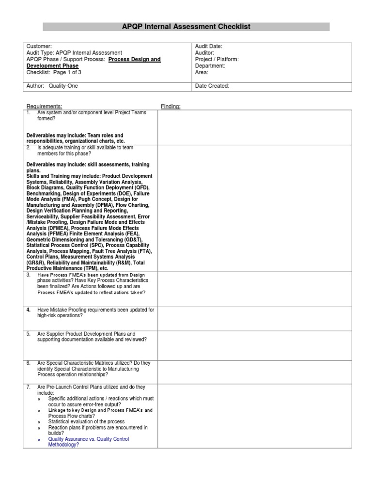 APQP Internal Assessment Checklist: Development Phase | PDF ...