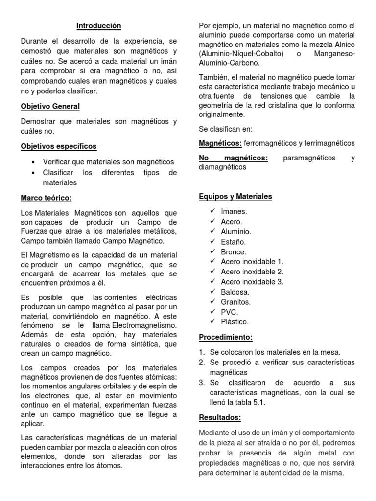 Laboratorio Prueba de Magnetismo en Materiales | PDF | Magnetismo | Imán