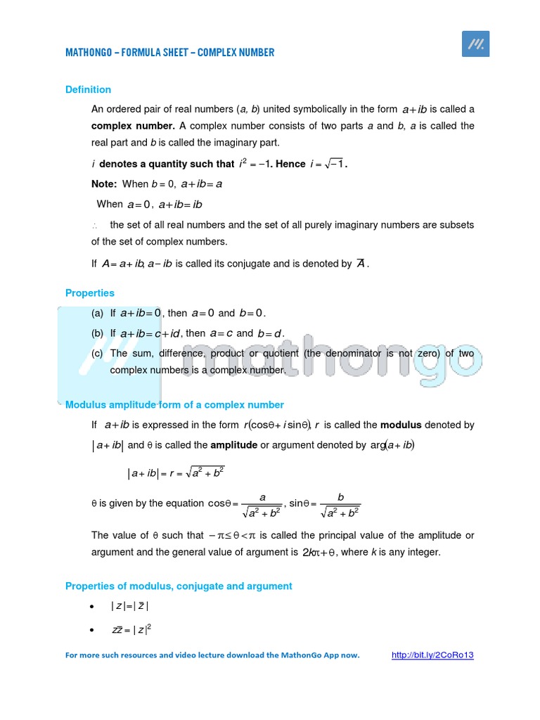 Mathongo - Formula Sheet - Complex Number | Download Free PDF | Complex ...