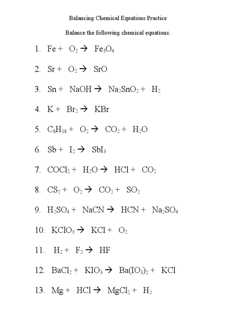 Balancing Chemical Equations Practice Worksheet | PDF