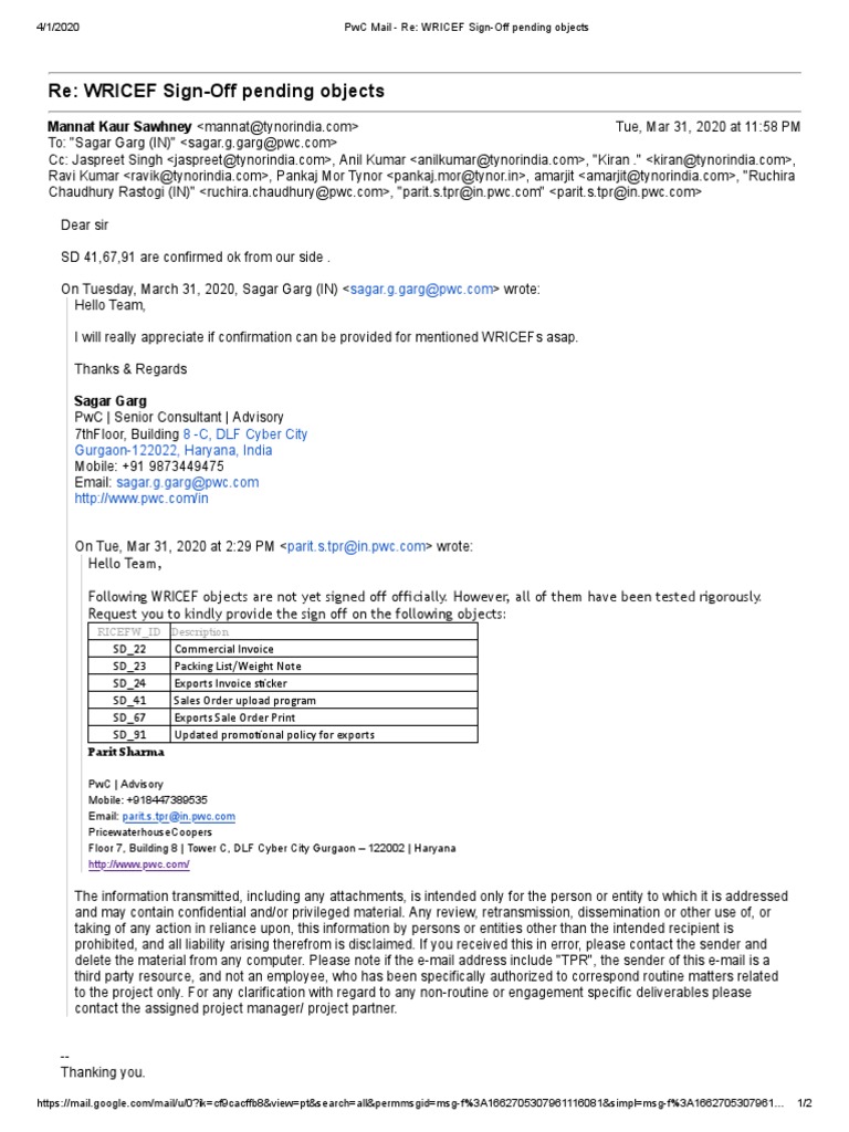 PWC Mail - Re - WRICEF Sign-Off Pending Objects - SD | PDF | Cyberspace ...