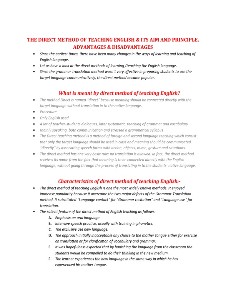 Direct Method of Teaching English: Principles, Advantages ...