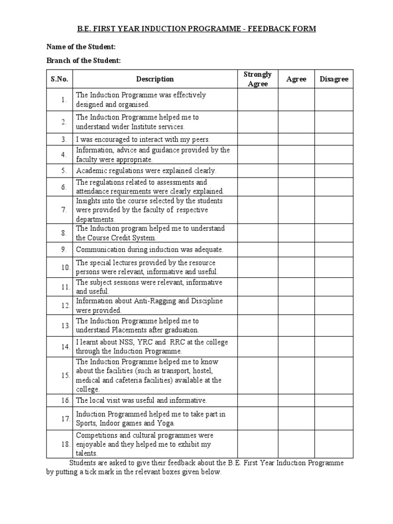 Feedback Form - Induction Programme | PDF