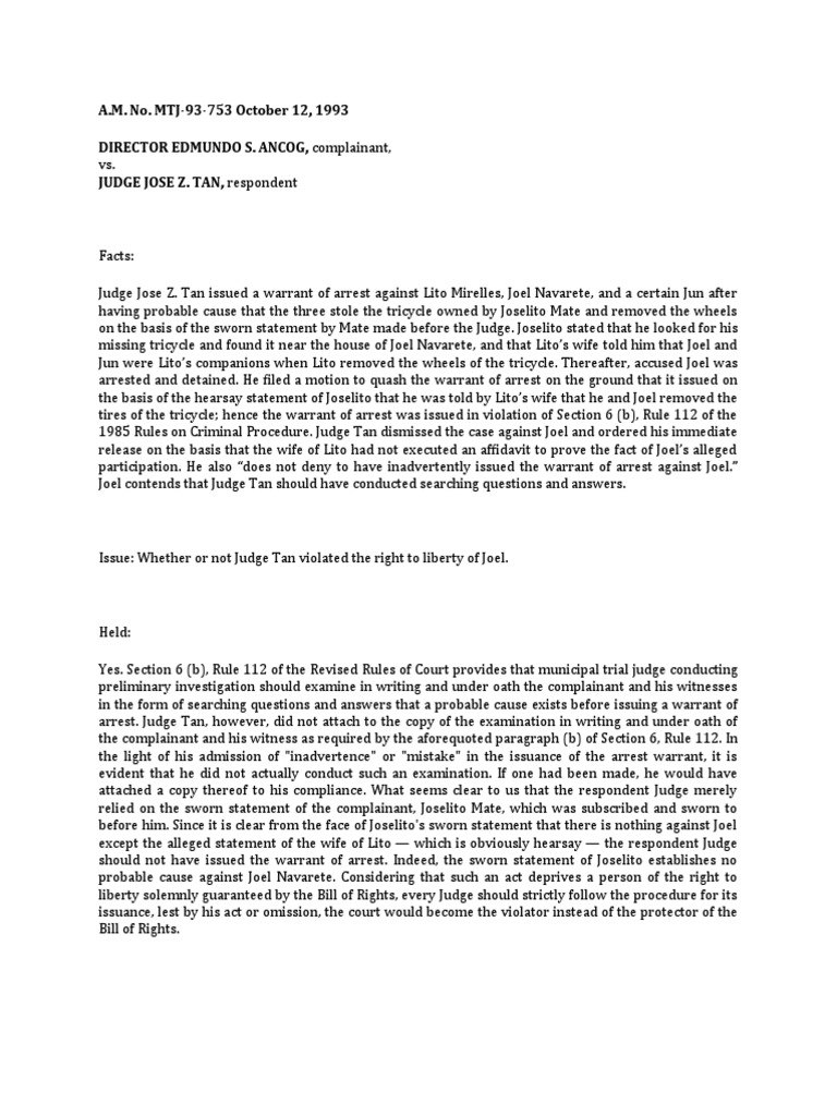 Ancog Vs Tan - Case Digest | PDF | Arrest Warrant | Arrest