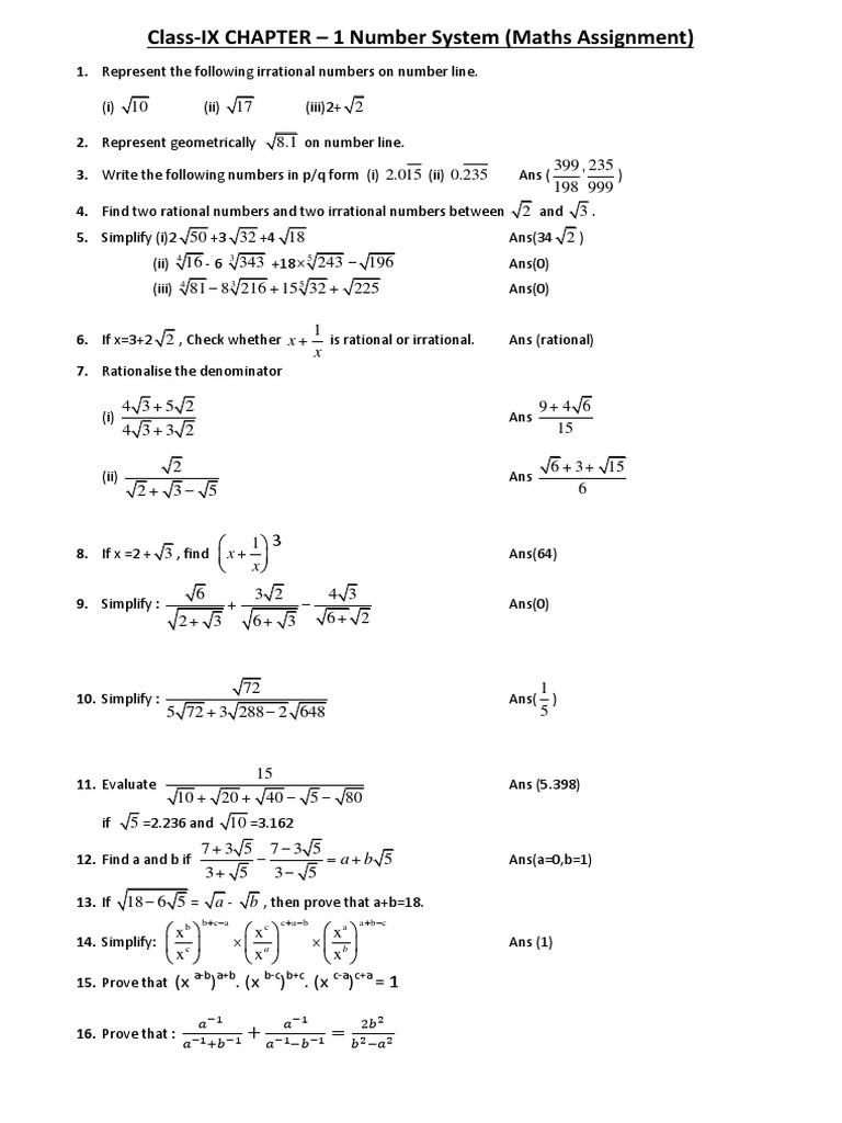 Class-IX CHAPTER - 1 Number System (Maths Assignment) : A-B A+b B-C B+C ...