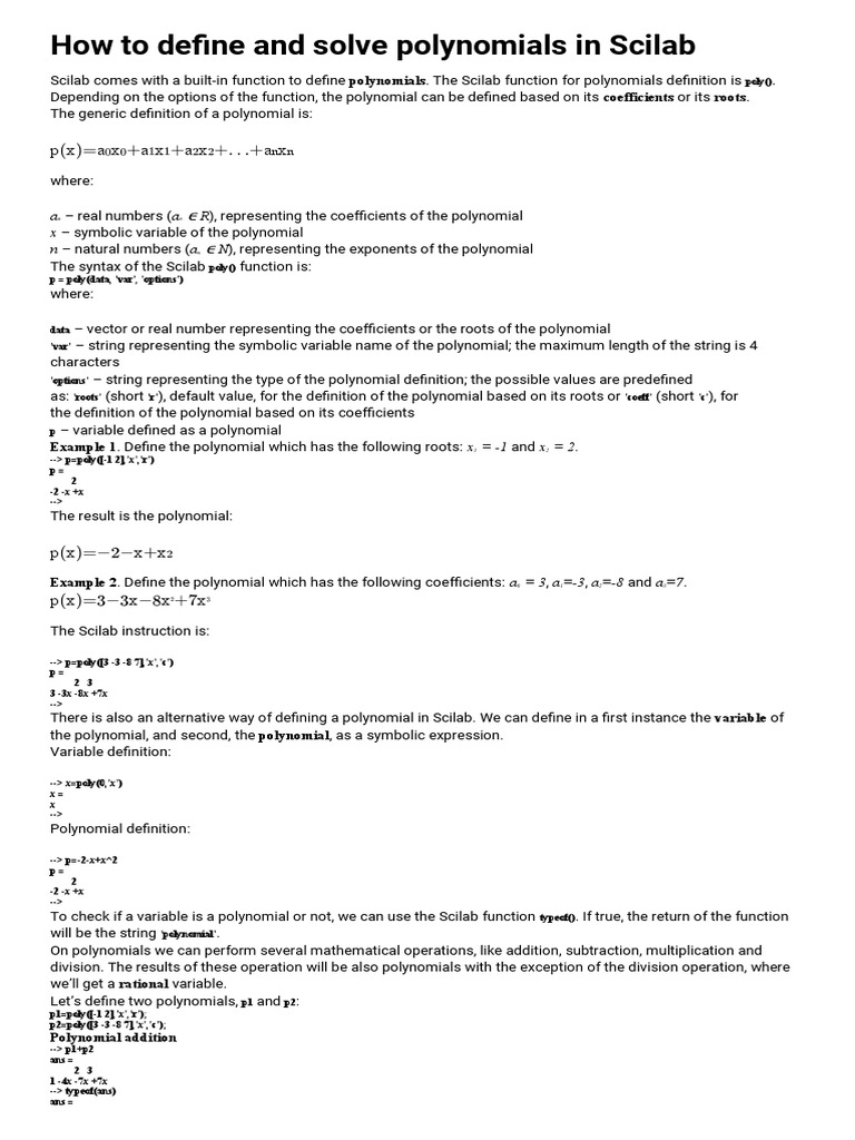 Define & Solve Polynomials in Scilab | PDF | Polynomial | Variable ...