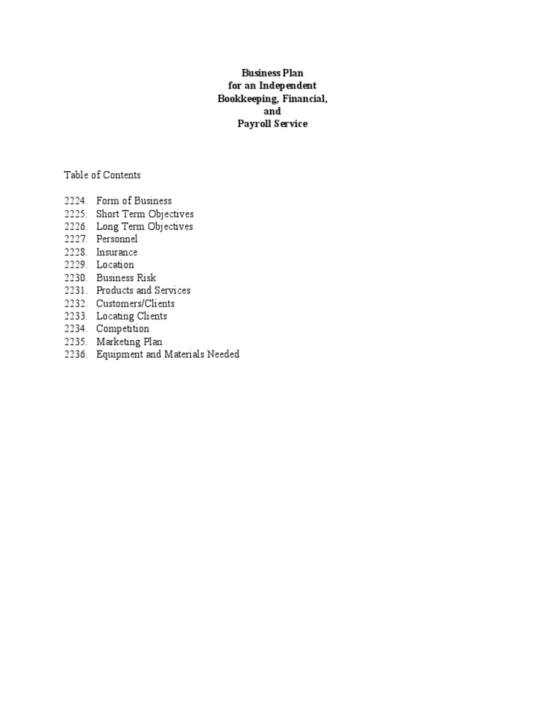 Business Plan For An Independent Bookkeeping, Financial, and Payroll ...