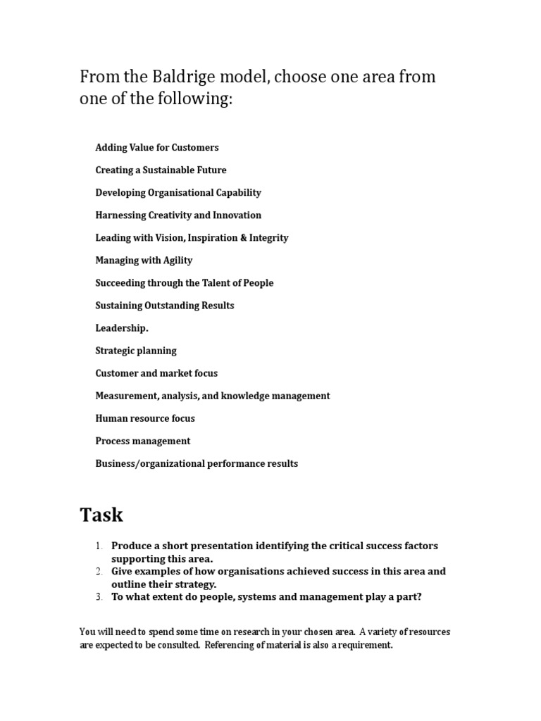 From The Baldrige Model, Choose One Area From One of The Following ...
