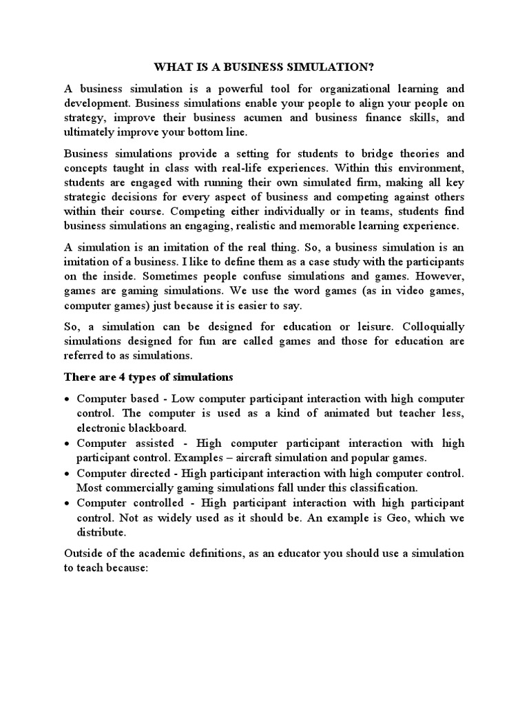 Business Simulation Reading Material | PDF | Simulation | Teaching