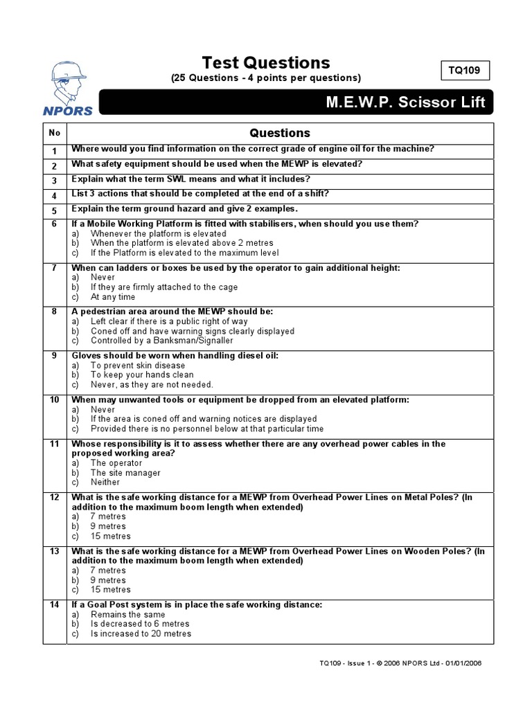 MEWP Scissor Lift - Questions | PDF | Transport | Manufactured Goods