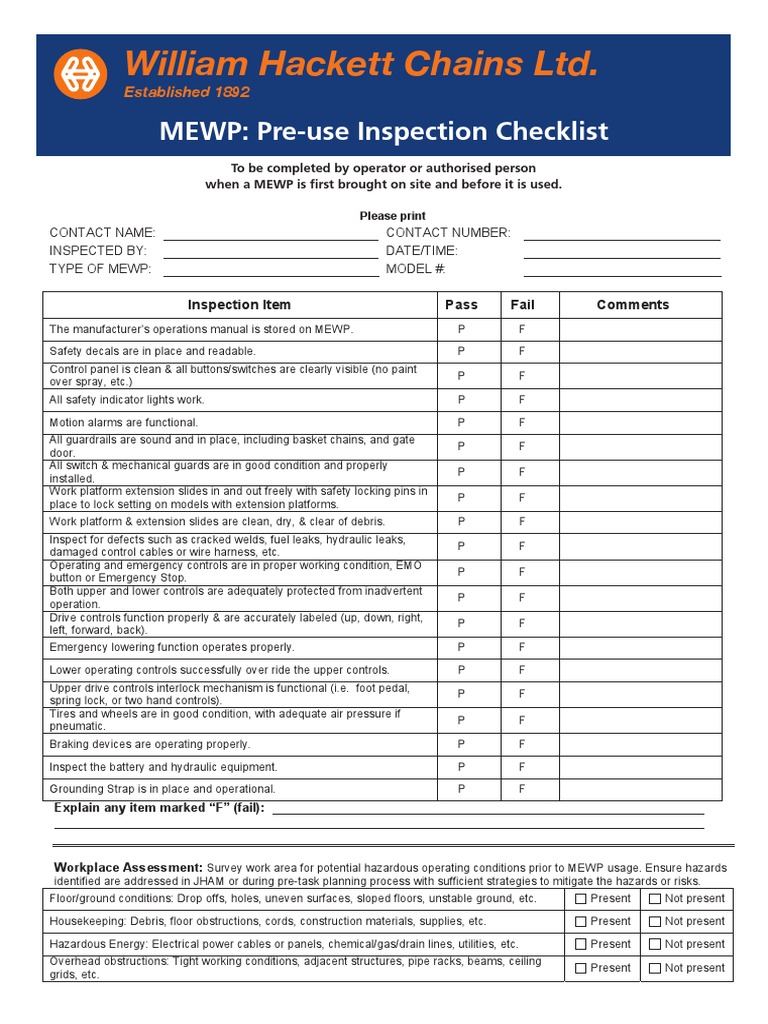 MEWP Pre-Use Inspection Checklist New | PDF | Manufactured Goods ...
