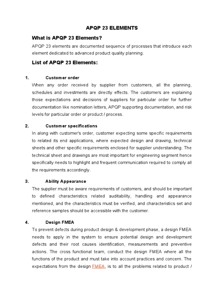 Apqp 23 Elements What Is APQP 23 Elements?: 1. Customer Order | PDF | Specification (Technical ...