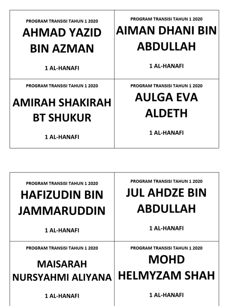 Nametag Program Transisi Tahun 1 2020 | PDF