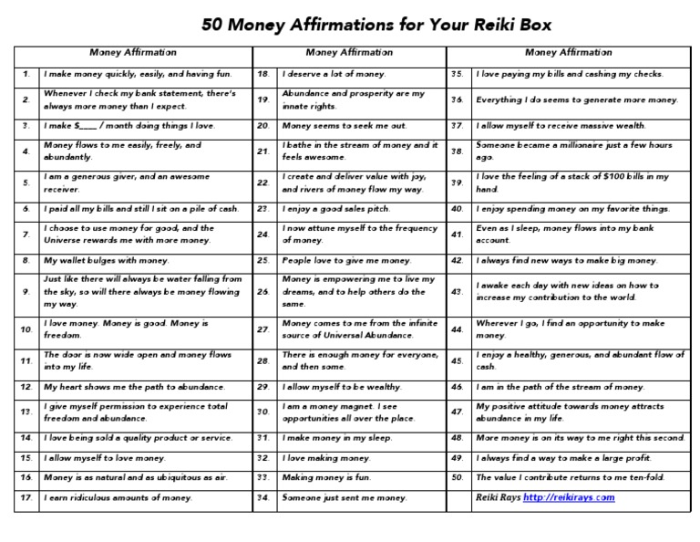 Reiki Handout 50 Money Affirmations For Your Reiki Box | PDF | Money ...