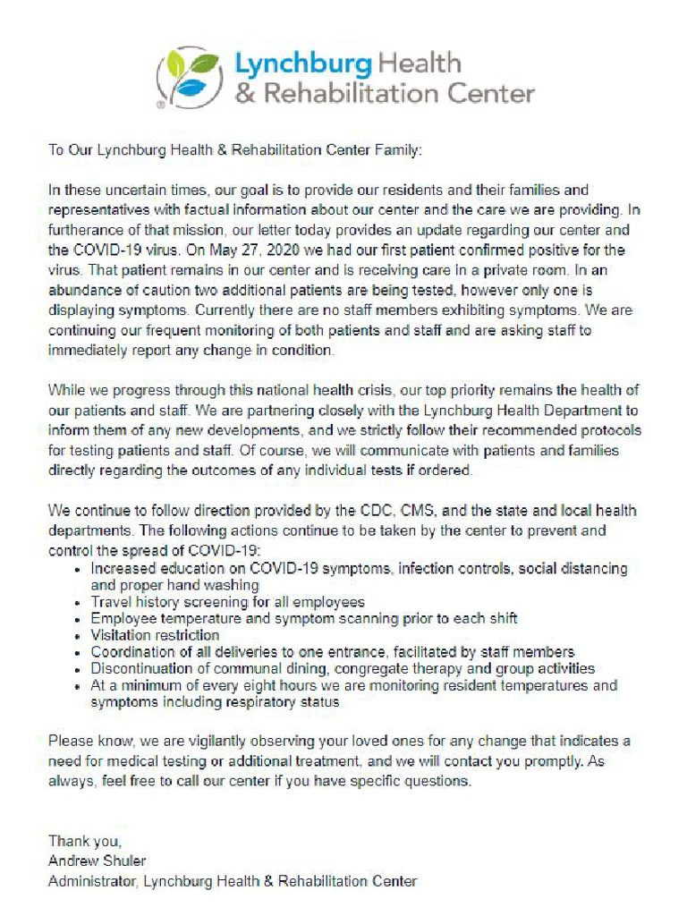 Lynchburg Health & Rehabilitation Center Letter | PDF