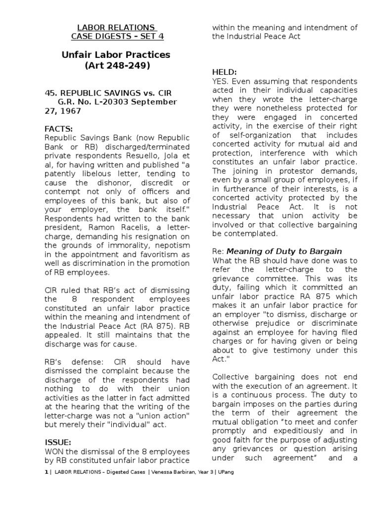 Unfair Labor Practices (Art 248-249) : Labor Relations Case Digests ...