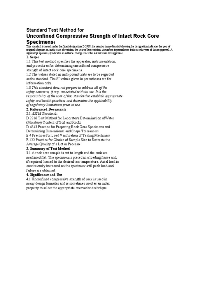 Unconfined Compressive Strength of Intact Rock Core Specimens | PDF ...