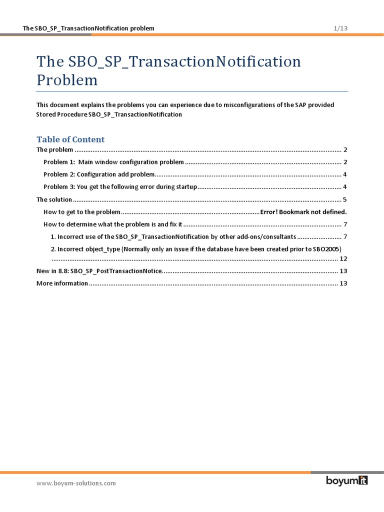 SBO SP TransactionNotification Problem PDF | PDF | Microsoft Sql Server | Software Engineering