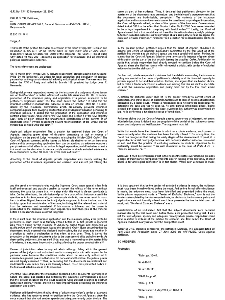 G.R. No. 154115 November 29, 2005 PHILIP S. YU, Petitioner, Hon. Court ...