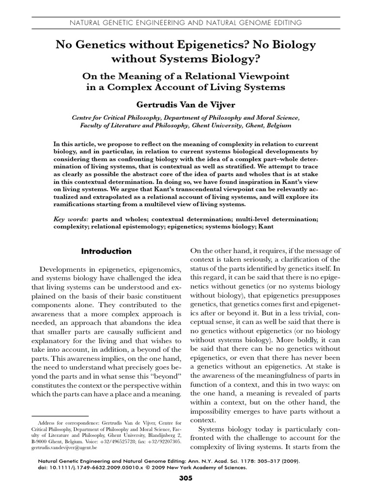 No Genetics Without Epigenetics? No Biology Without Systems Biology ...