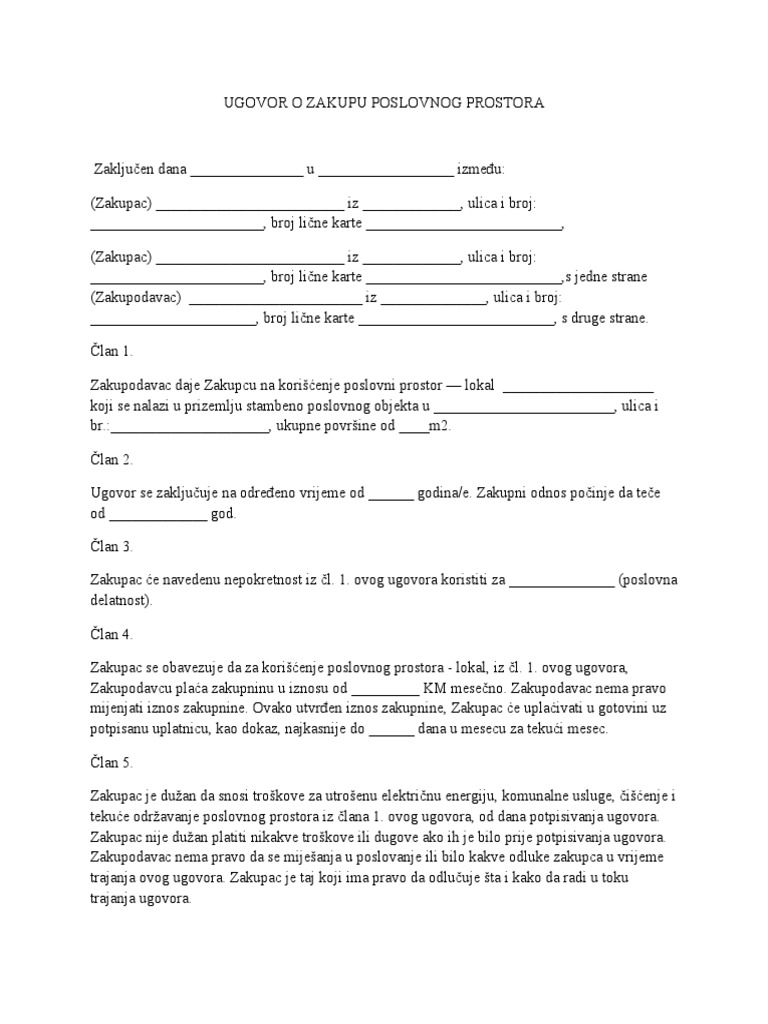 Ugovor o Zakupu Poslovnog Prostora - Krčma | PDF