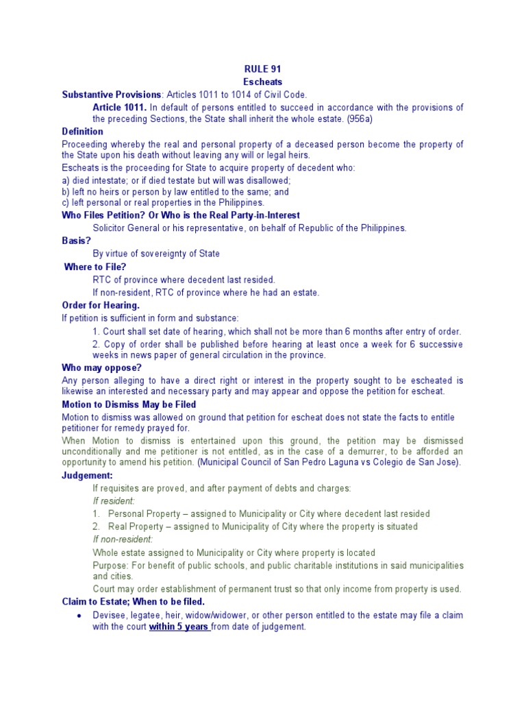 Rule 91 Escheat - Outline | PDF | Intestacy | Civil Law (Legal System)