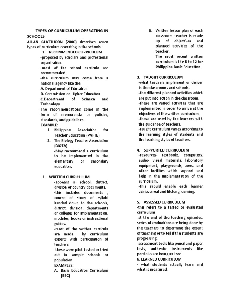 Types of Curriculum Operating in Schools | PDF | Curriculum | Teachers