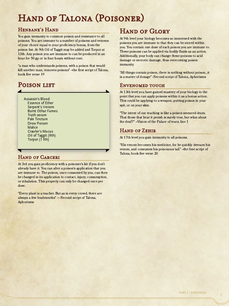 Hand of Talona Sheet | PDF | Poison | Medical Specialties